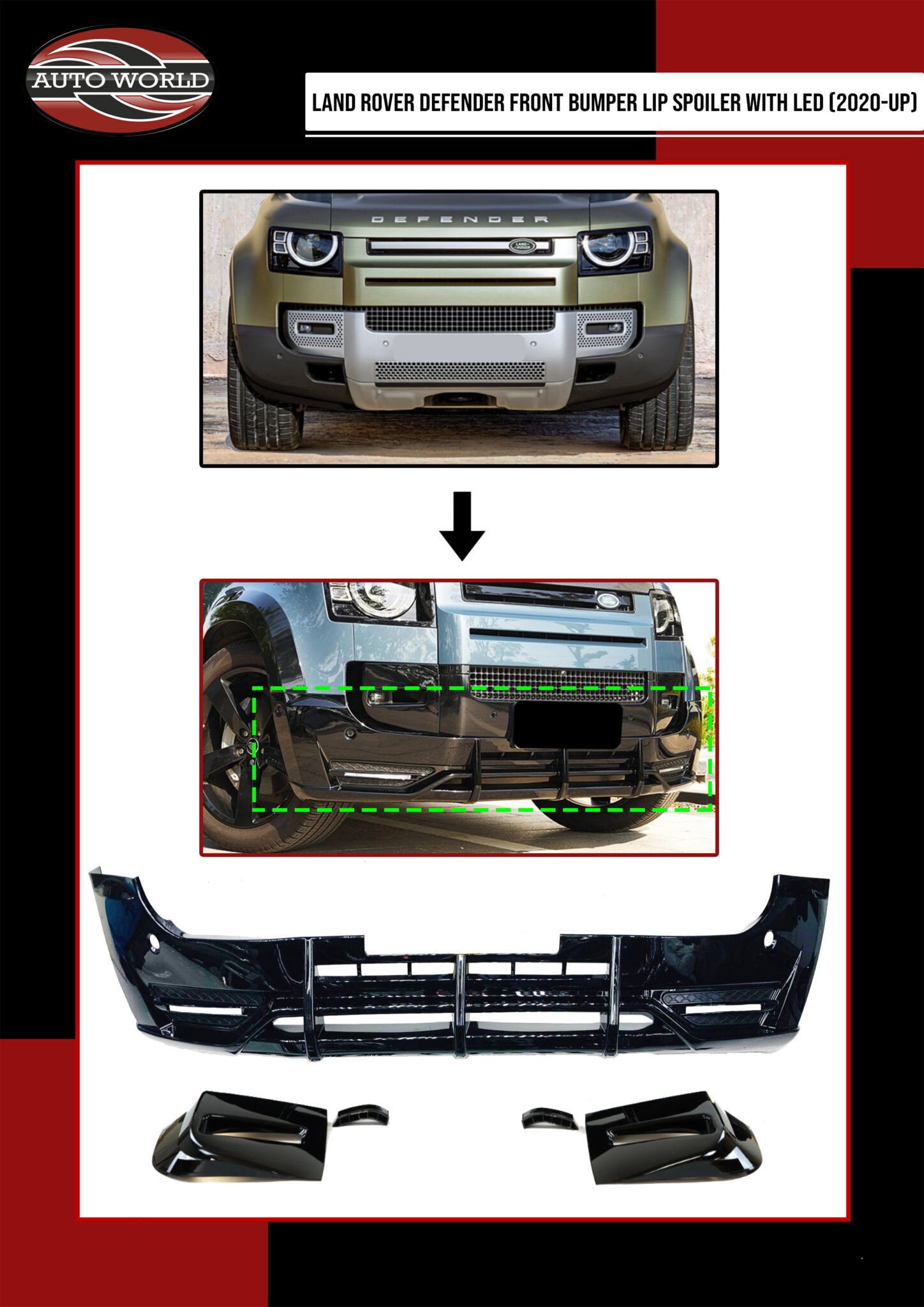 LAND ROVER DEFENDER FRONT BUMPER LIP SPOILER WITH LED (2020+) – Auto World